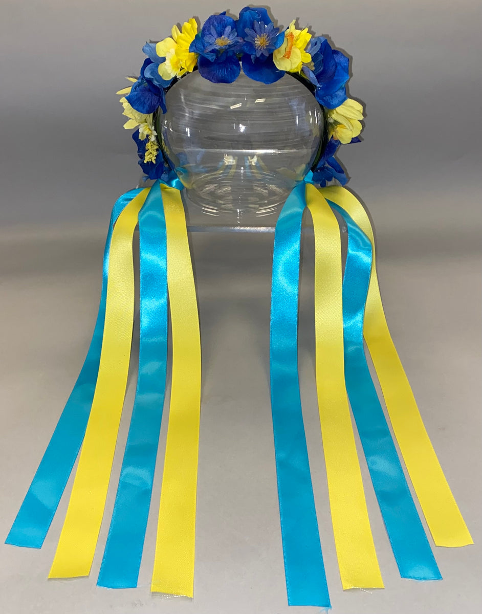 Vinok with blue & yellow flowers ,blue & yellow ribbons – The Ukrainian Museum